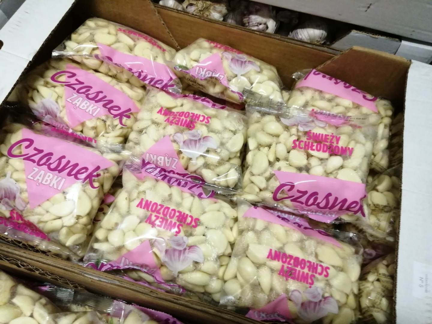 peeled garlic, packaging from 500g to 10 kg,